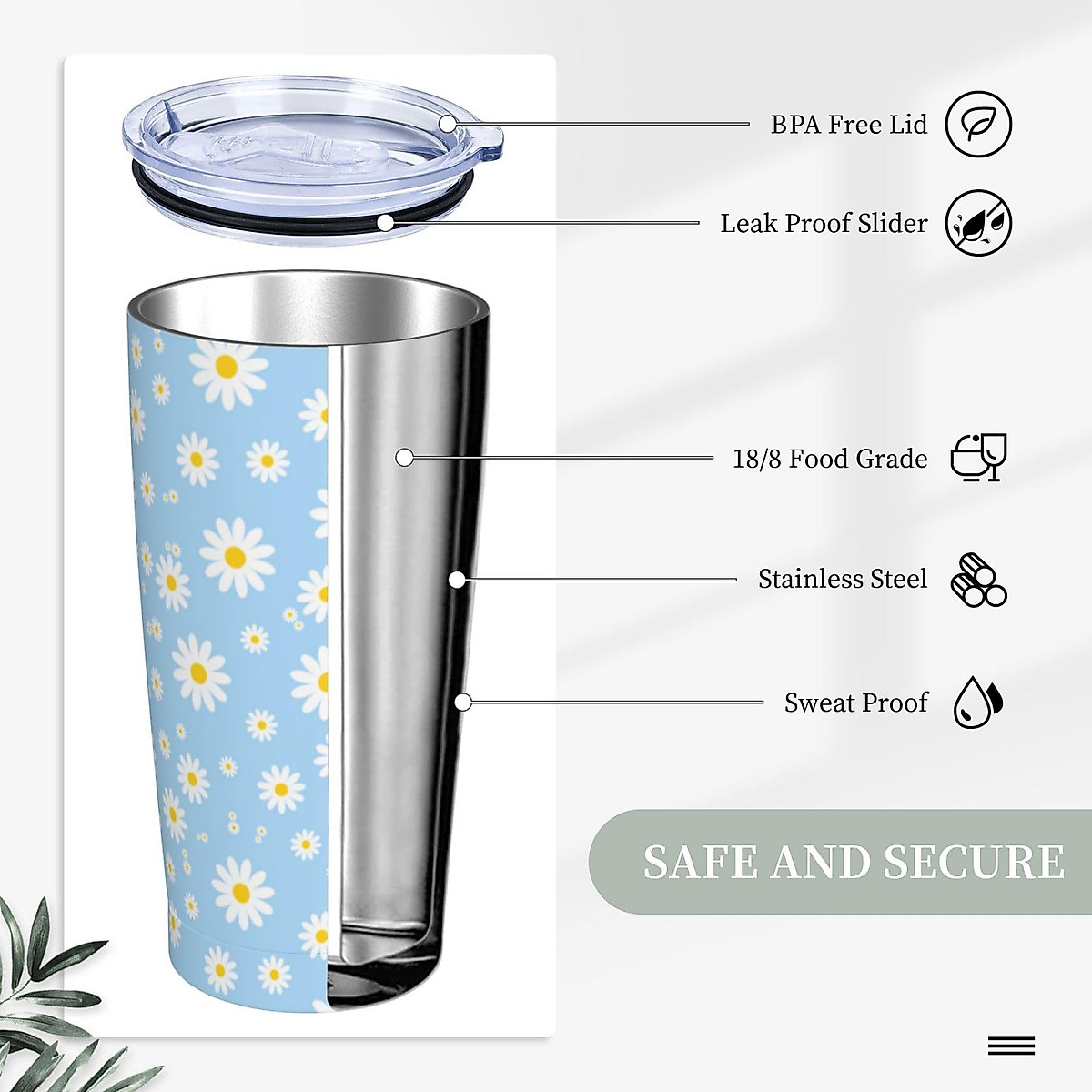 CHASOEA Daisy Tumbler 20oz Floral Flowers Stainless Steel Insulated Tumblers with Lid and Straw Blue Travel Coffee Mug Tea Wine Cups Water Bottle Daisy Gifts for Women