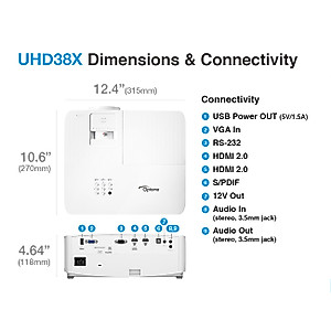 Optoma UHD38x Bright, True 4K UHD Gaming Projector | 4000 Lumens | 4.2ms Response Time at 1080p with Enhanced Gaming Mode | Lowest Input Lag on 4K Projector | 240Hz Refresh Rate | HDR10 & HLG