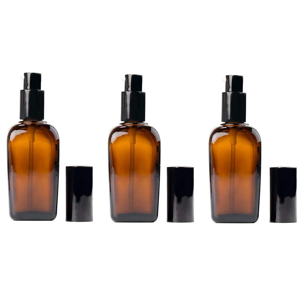 ericotry 3PCS 100ml Empty Refillable Square Amber Glass Cream Lotion Pump Bottles for Makeup Face Cream Facial Cleanser Toiletries Toner Liquid Travel Containers Emulsion Essential Oil Dispenser
