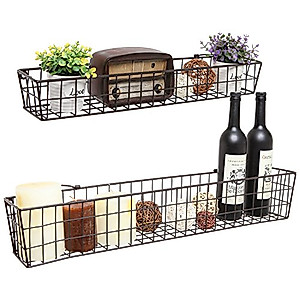 MyGift®, Set of 2 Brown Country Rustic Wall Mounted Openwork Metal Wire Storage Basket Shelves/Display Racks