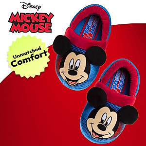 Disney Mickey Mouse Boys Slippers - Plush Lightweight Warm Comfort Soft Aline House Kids Shoes Slippers - Blue/Red (size 7-8 Toddler)