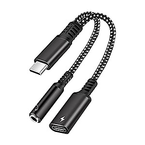 USB C to 3.5mm Headphone and Charger Adapter, 2 in 1 USB C Splitter to Audio Jack & Dongle Cable, Compatible with Samsung Galaxy S21 S21+ S22, Note 20 10, Google Pixel 2 3 4 XL
