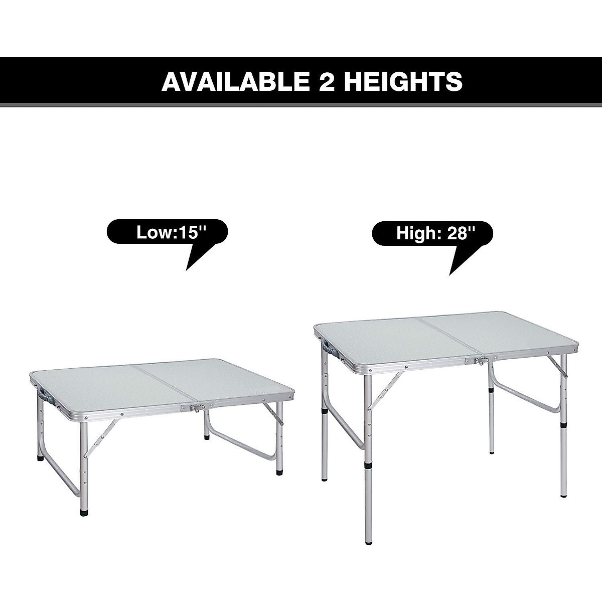 Cimiva Aluminum Folding Table 3 Foot, Adjustable Height Lightweight Portable Camping Table for Picnic Beach Outdoor Indoor, White 36 x 24 inch (3-Feet (2 Heights 15"/28"))