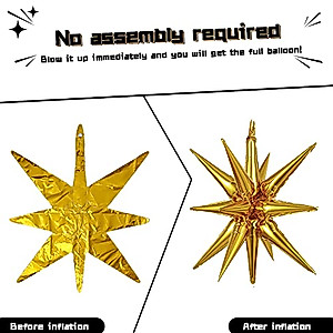 BlingABC Star Foil Balloons Gold Explosion 6PCS 14 Point Cone Balloons Magic Starburst Balloons Large for Wedding Anniversary Backdrop Birthday Party Decorations(27 & 22 inch)