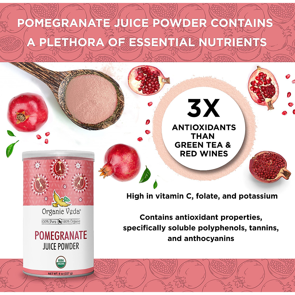 Organic Veda Pomegranate Juice Powder - Powdered Pomegranate Extract Rich in Vitamin C, Folate & Potassium - Pomegranate Concentrate For Salad, Yogurt, Ice Cream - Vegan, Non-GMO, Zero Gluten- 8oz