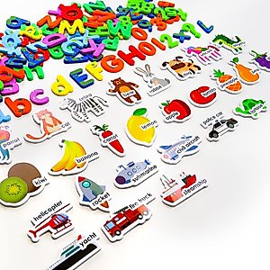 Magnetic Letters and Numbers for Toddlers, Vcertcpl 134pcs Refrigerator Alphabet Magnets for Kids ABC Learning with Animal Vehicle Fruit Patterns, Classroom Supplies Foam Letters Toys for Toddlers 3-7
