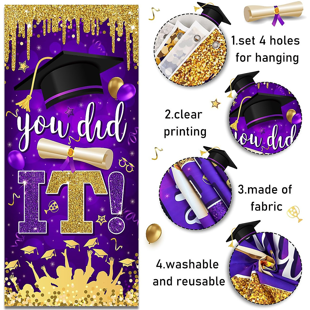 Graduation Decorations Class of 2025 Purple and Gold Congrats Grad Banner and You Did It Graduation Door Cover for High School College Graduation Party Supplies(Purple)