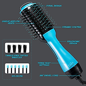 Beautimeter Hot Air Brush, 3 in 1 Hair Dryer Brush for Styling and Frizz Control, Negative Ionic Blow Hair Dryer and Volumizer, Turquoise Blue