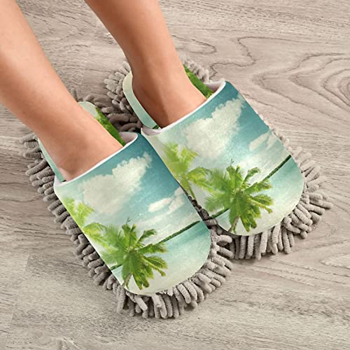 Kigai Microfiber Cleaning Slippers Seaside Palm Tree Washable Mop Shoes Slipper for Men/Women House Floor Dust Cleaner, Size M