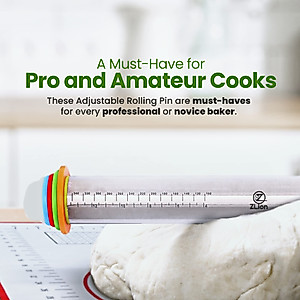 Zlion Rolling Pin with Thickness Rings – Stainless Steel and Corrosion-Resistant Adjustable rolling pin w/Silicone Pastry Mat for Baking Pizza, Dough, Pastry, Fondant, Pasta