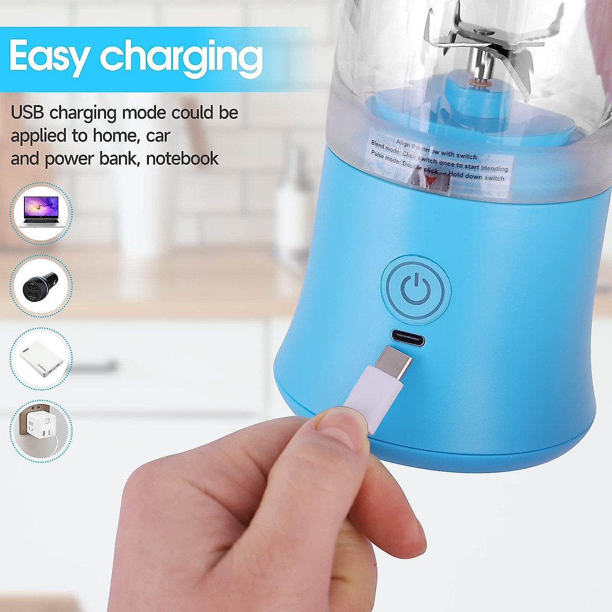 Portable Blender with 6 blades,20Oz Porsonal Mini Blender for Shakes and Smoothies,USB Rechargeable Fresh Juice Blender Handheld Blender (blue)