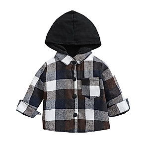 Kids Little Boys Girls Baby Long Sleeve Button Down Hooded Plaid Shirt Red Plaid Flannel Outfits (Coffee, Tag 80, US 6-12 Months)