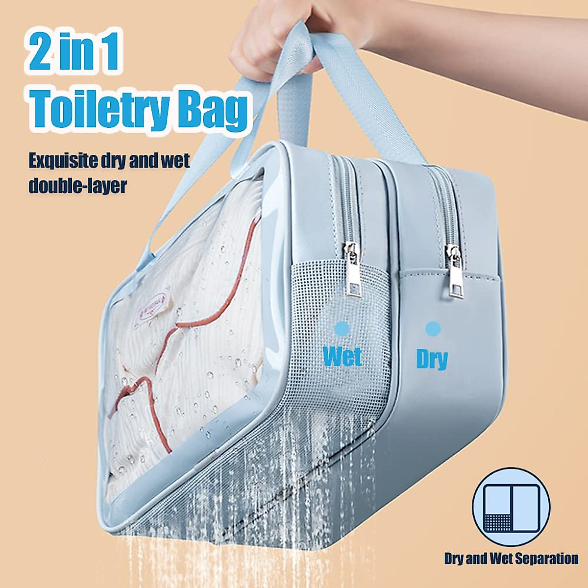 YIMIKE Travel Toiletry Bag, 2 in 1 Large Clear Makeup Bags,Cosmetics Bag,Transparent Skin Care Bag for Toiletries,Waterproof & Draining,PVC Toiletry Organizer Thickened Wash Bag for Women Men