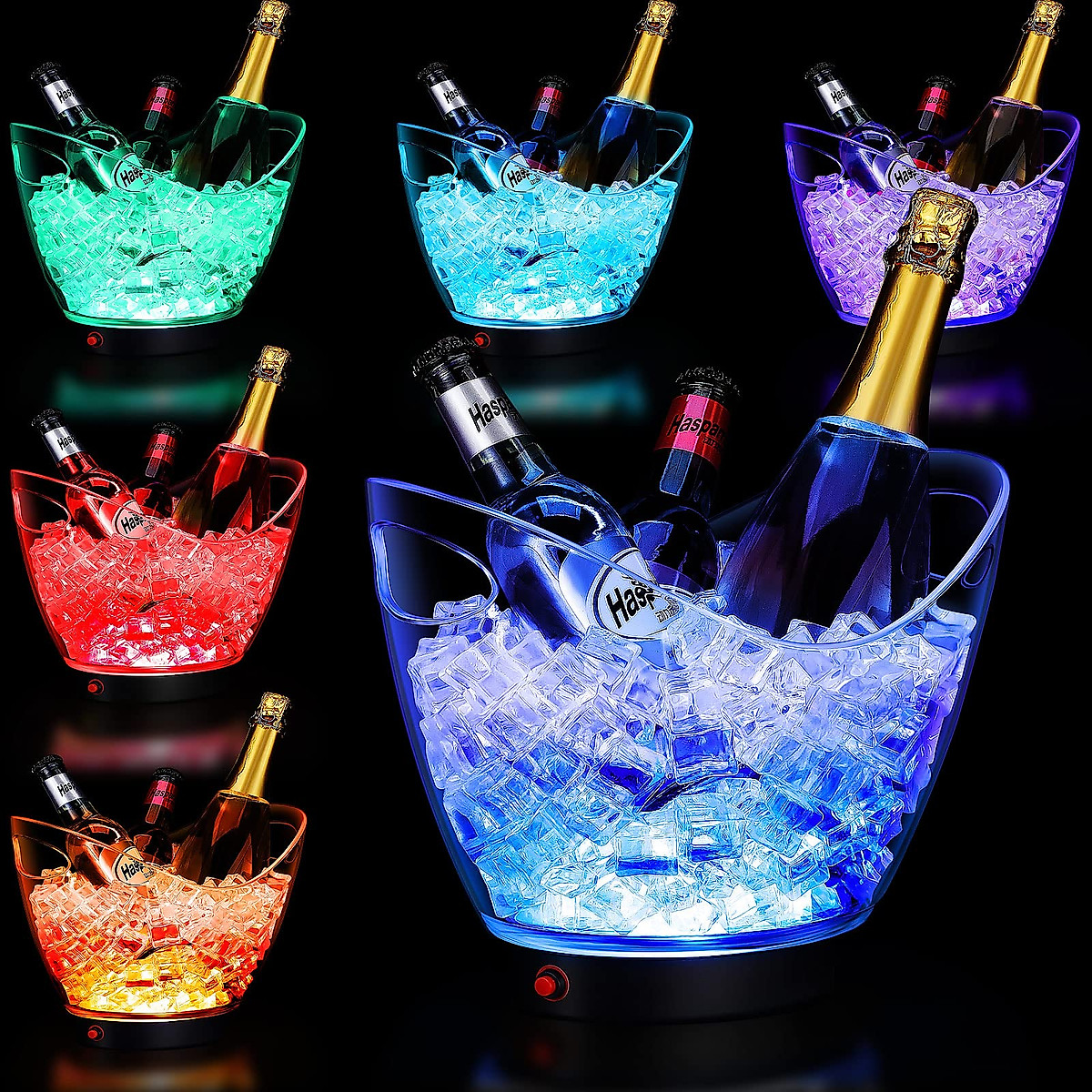 LED Ice Buckets 5L Clear Plastic Ice Bucket Large Capacity Light Ice Bucket RGB Colorful LED Cooler Bucket Champagne Wine Ice Beer Buckets with Lights for Party Home Bar Club (6 Pcs)