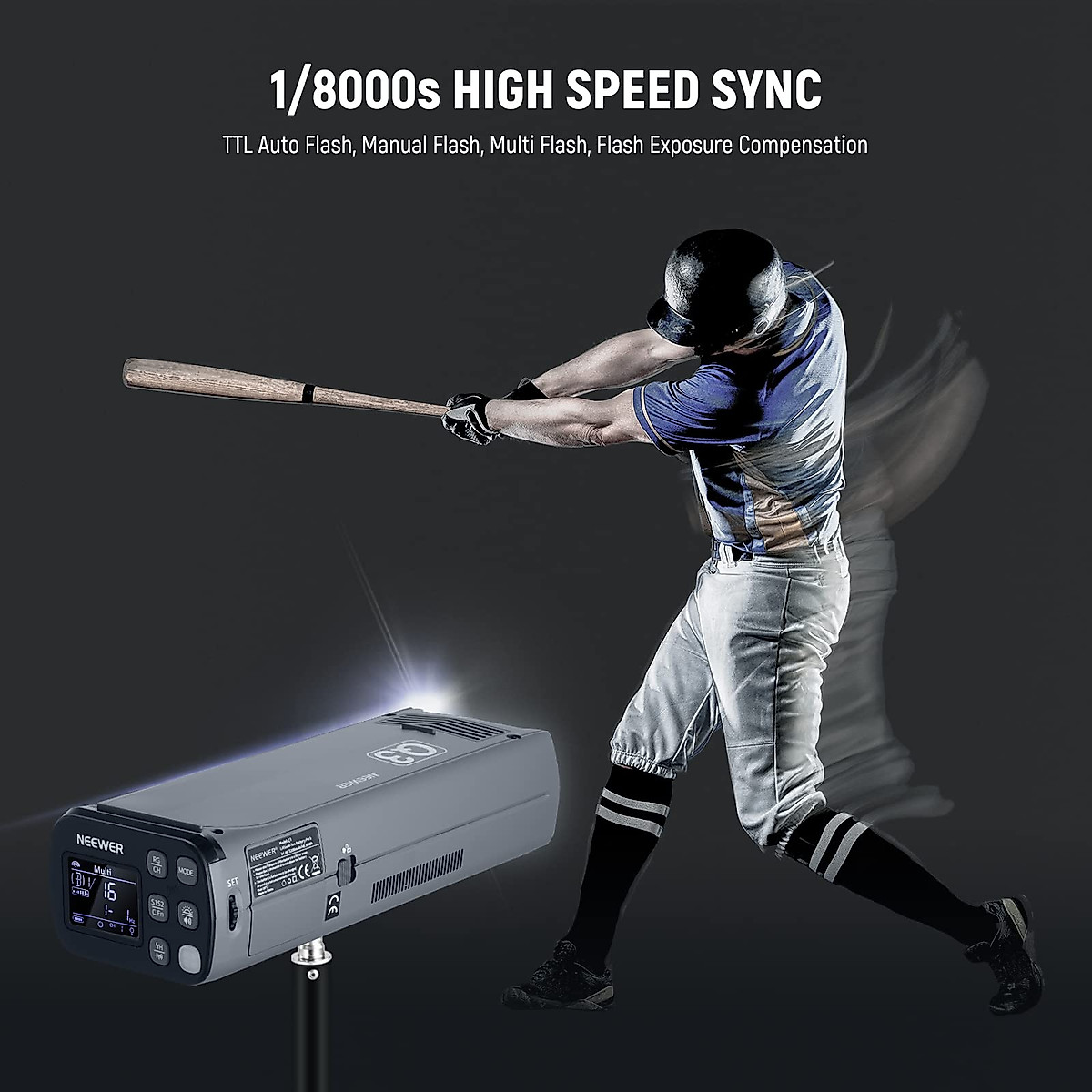 NEEWER Q3 200Ws 2.4G TTL Flash (2nd Version), 1/8000 HSS Strobe Light Photography Monolight with QPRO-N Trigger Compatible with Nikon, Diffuser/3200mAh Battery/500 Full Power Pops/Recycle in 0.01-1.8s