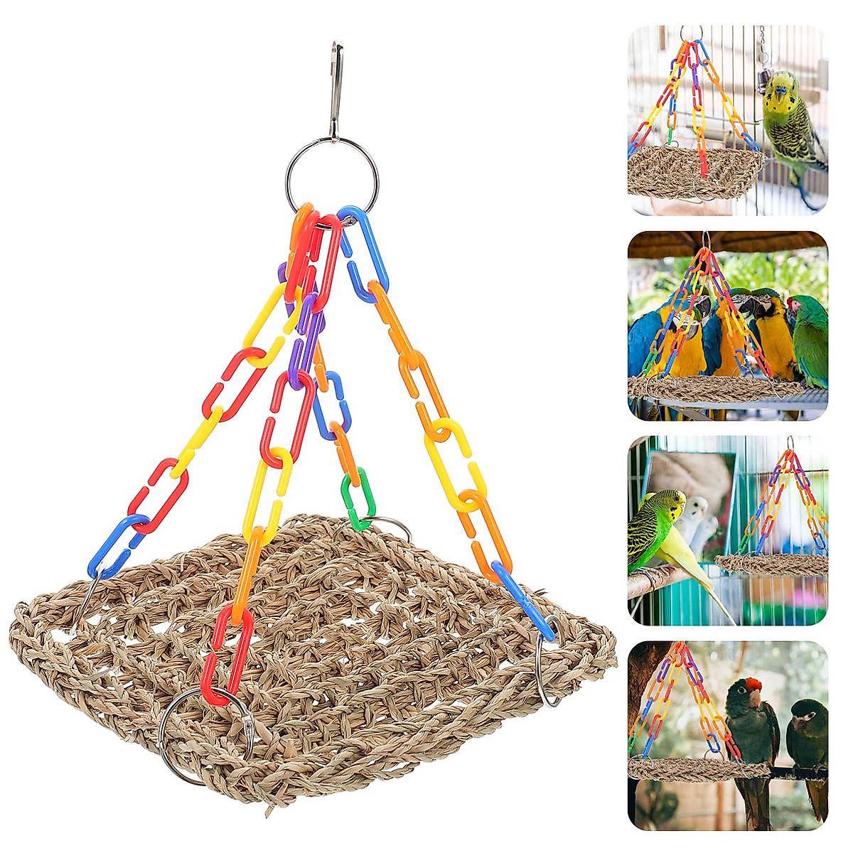 VILLCASE Bird Foraging Cage , Seagrass Woven Climbing Hammock Swing Mat with Colorful Chewing Rope Toys, Suit for Lovebirds, Finch, Parakeets, Conure, Cockatiel
