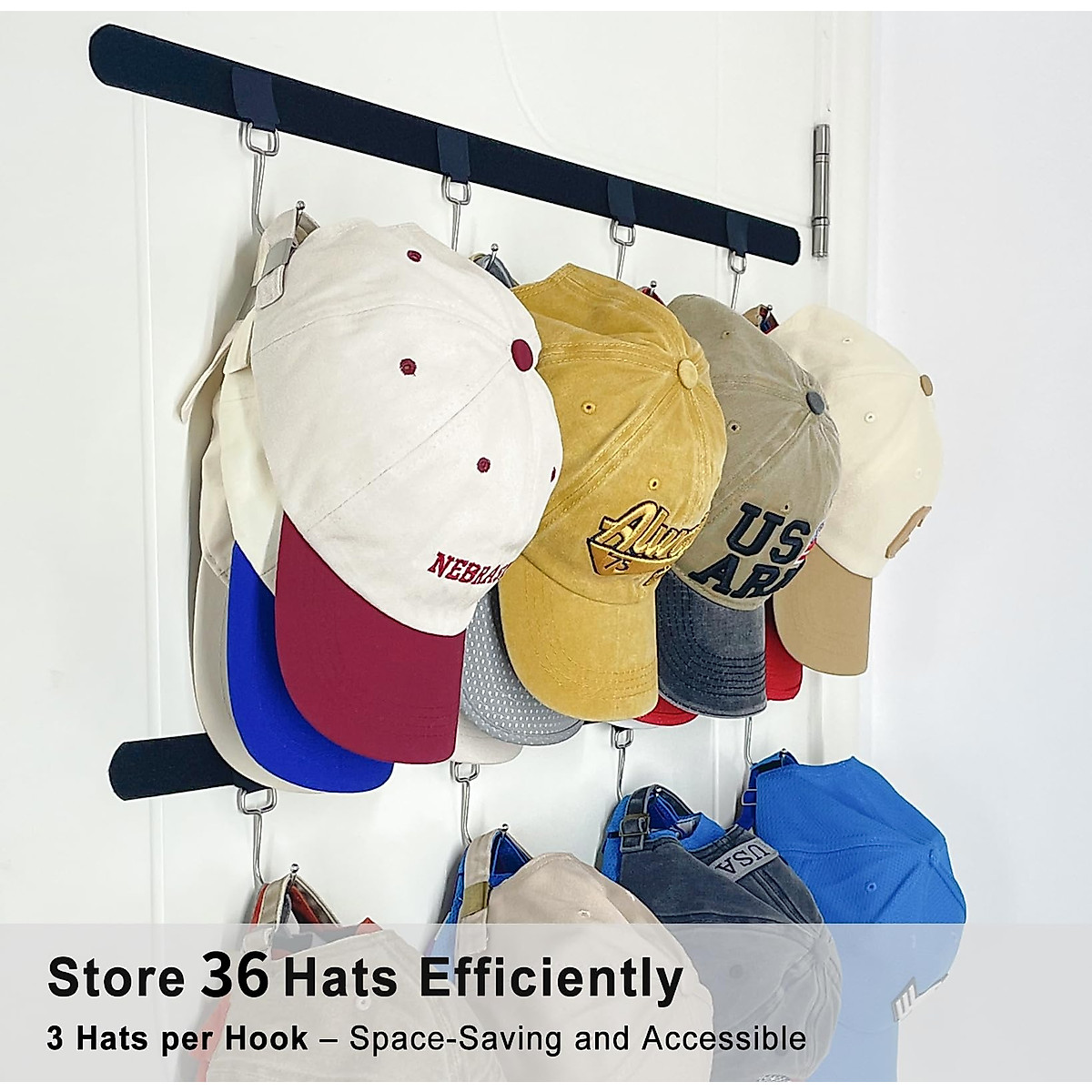 ETOWIFA Adhesive Hat Organizer Rack for Baseball Caps [Up to 36 Caps] Hat Hangers Holder Display for Wall, Over Door Closet, Room/College Dorm Storage - 3 Magic Strips with 12 Removable Hooks