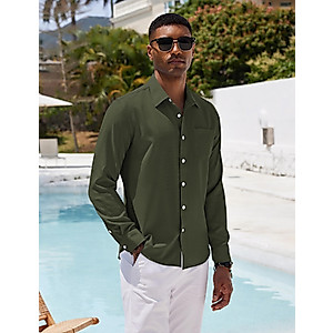 COOFANDY Men's Linen Shirt Textured Designer Western Work Regular Fit Shirt Army Green