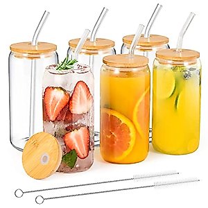 Beer Can Glass,6pack Drinking Cups With Straws and Lids, Can Shaped Glass Cups 16 oz, Cute Iced Coffee Cup Tumblers, Cold Drink Glassware, Unique Water, Tea, Cocktail Glass Set, Great Gift