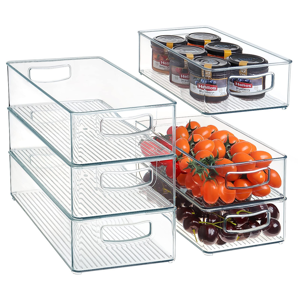 Hudgan Stackable Pantry Organizer Bins (3 Large and 3 Medium) - Clear Plastic Storage Container for Home Edit and Cabinet Organizers