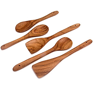 5 Piece Non-Stick Acacia Wooden Cutlery Spoon Set For Cooking, Wood Kitchen Utensils Salad Spoon Fork & Turner, Ladle & Flat Spatula Set, Long Handle Cookware Tools, 12 & 10 Inch, Natural Brown