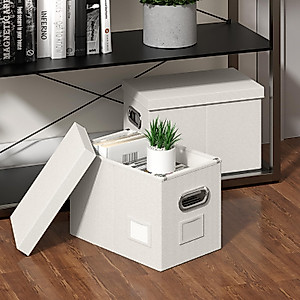 DYWMM Hanging File Box with Lid, Set of 2 Filing Organizer Storage Box, Linen Collapsible Decorative Office/Home File Cabinet (14x9.3x10.9 inch) (Off White)