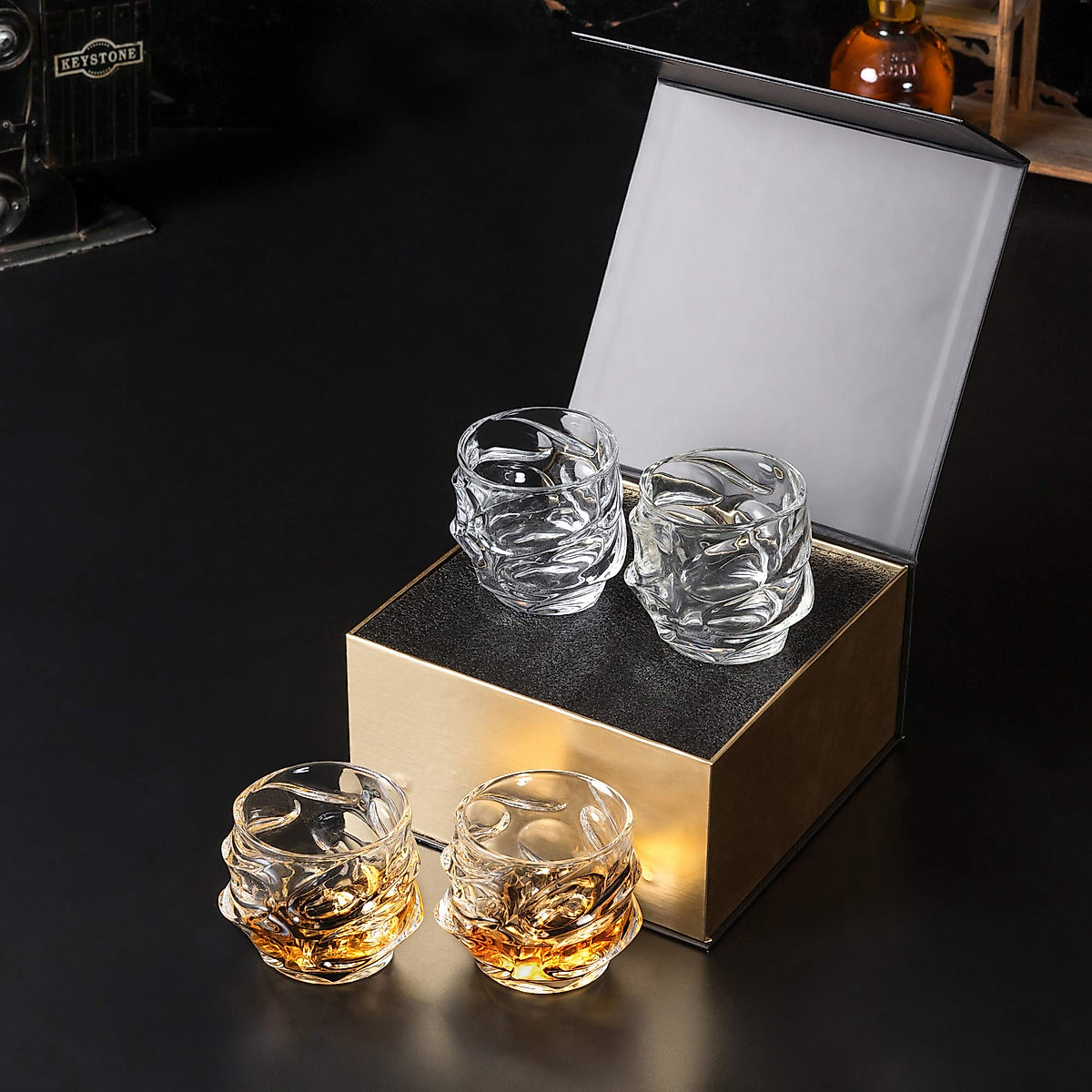 KANARS Old Fashioned Whiskey Glasses 11 Oz - Emperor Rocks Glasses Set of 4 for Bourbon Cocktail Scotch Snifter Malt Cognac - Heavy Crystal Bar Glassware - Unique Men Gift