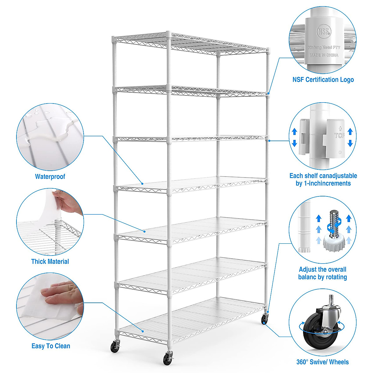 Heavy-Duty Wire Shelving Unit - 7-Tier, 2450lbs Capacity, NSF Certified, Adjustable Metal Storage Rack with Wheels & Liners, 82"H x 48"L x 18"D - Ideal for Kitchen, Garage, Closet, Basement - White