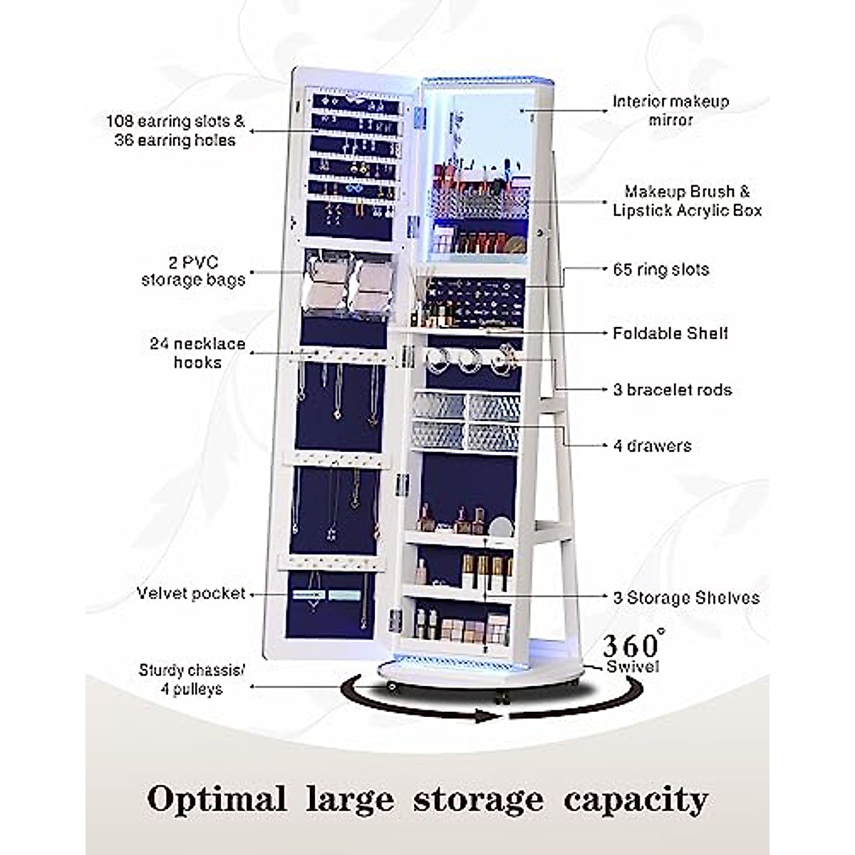 HWB Full-length mirror Jewelry Cabinet Standing with Lights 6297 (White 2)