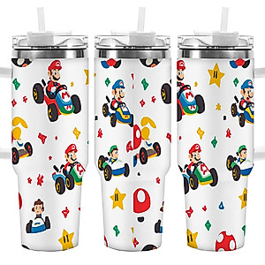 FOCIUZTA 40oz Playful Mario Kart Pattern Tumbler with Lid, Travel Coffee Cup, Ideal for Easter, Gaming Enthusiast, Mother Day, and Birthday Gifts