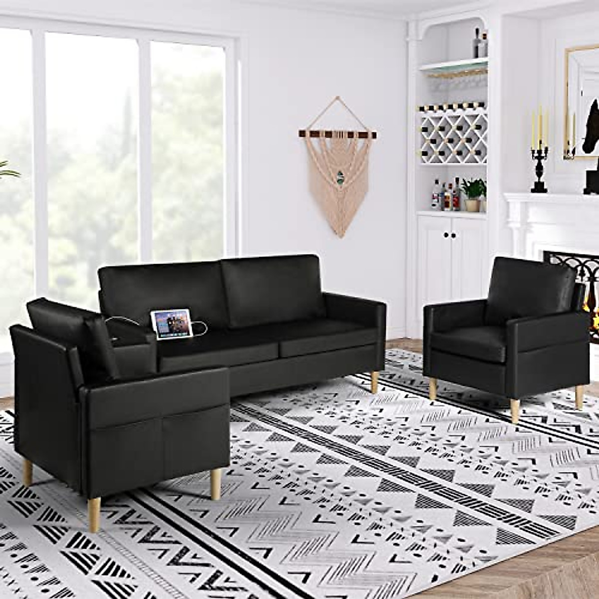 AILEEKISS Mid-Century Sectional Sofa Sets 3 Pieces Faux Leather Loveseat Couches with 2 USB Living Room Furniture Accent Arm Chairs for Small Space, Apartment, Office (1-Seater+1-Seater+3-Seater)