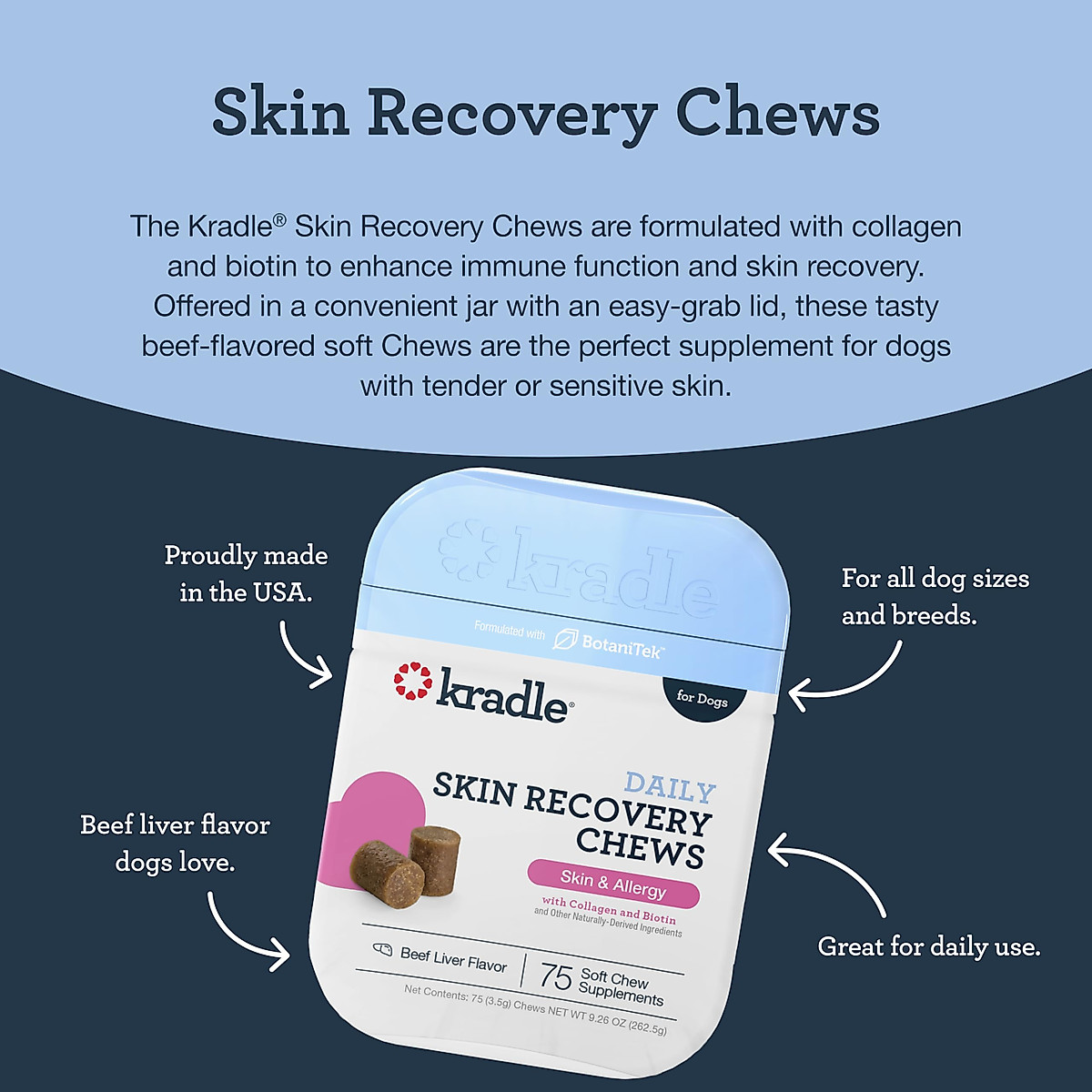 Kradle Daily Skin Recovery Chews - Skin Health Chews & Seasonal Allergy Support for Dogs - Soft Chews with Soothing Ingredients - for All Dog Breed & Sizes - 75 Count Jar