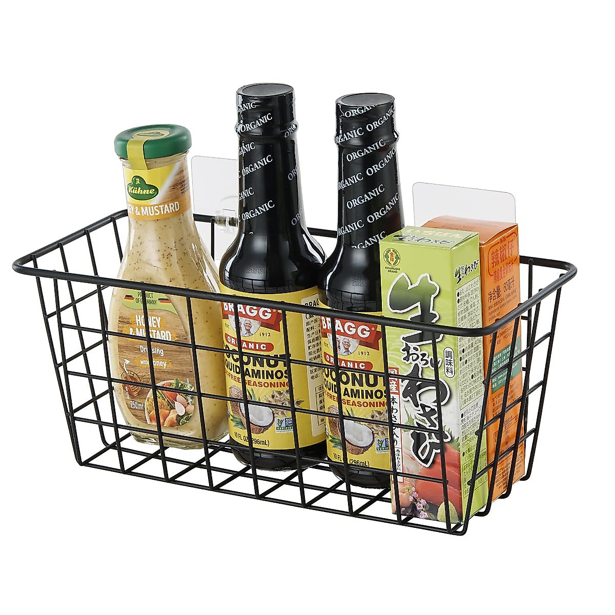 2 Pack Hanging Storage Basket, Bathroom Basket, Household Goods Storage Basket, with Traceless Tape, no Drilling, for Cabinet Storage, Kitchen, Bathroom, Storage Room (2 Black)