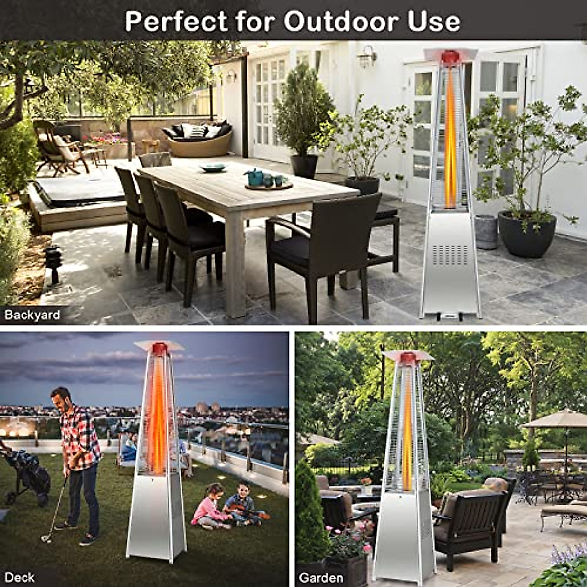 Toolsempire Outdoor Patio Heater 42,000 BTU, Propane Gas Space Heater Pyramid Stainless Steel Heaters Quartz Glass Tube with Wheels for Garden, Yard, Residential & Commercial Use, 90” Tall, Silver