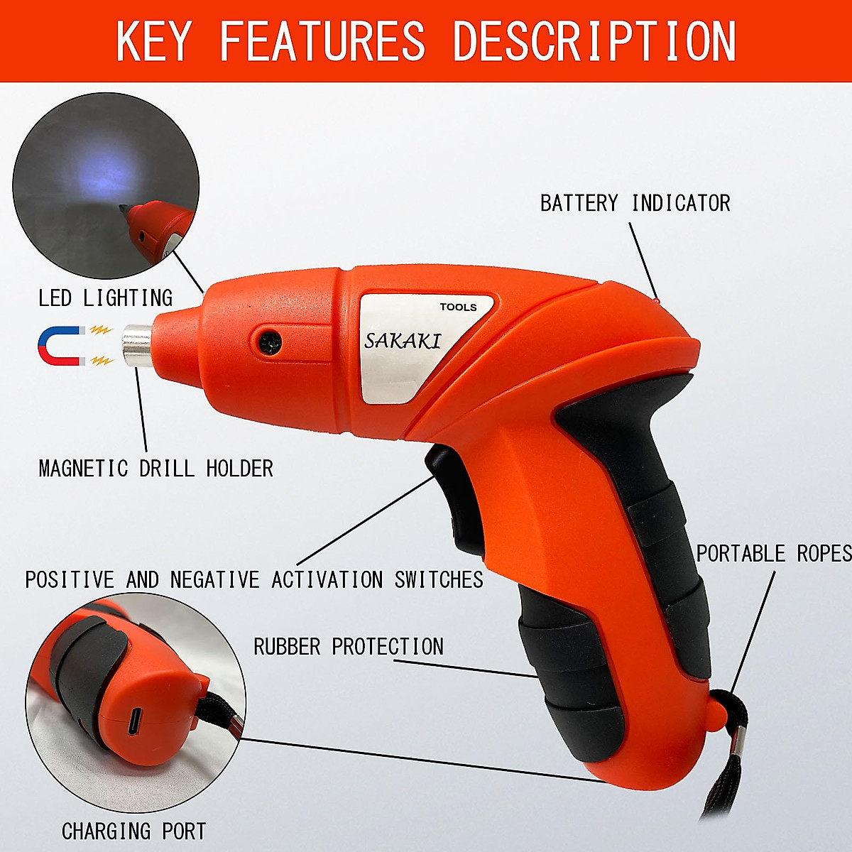 47 Piece Electric Screwdriver DIY Cordless Drill Set 3.6V with LED Light & Rechargeable Lithium Battery Carrying Case and Screw Driver Bits by SAKAKI (Orange)