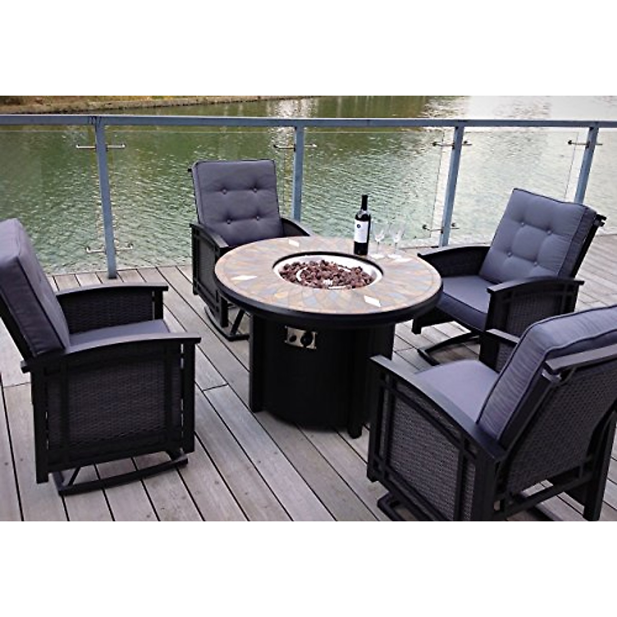 Pebble Lane LIving 42" Natural Slate and Copper Top Outdoor Propane Gas Fire Pit Table: Powder-Coated Black Frame