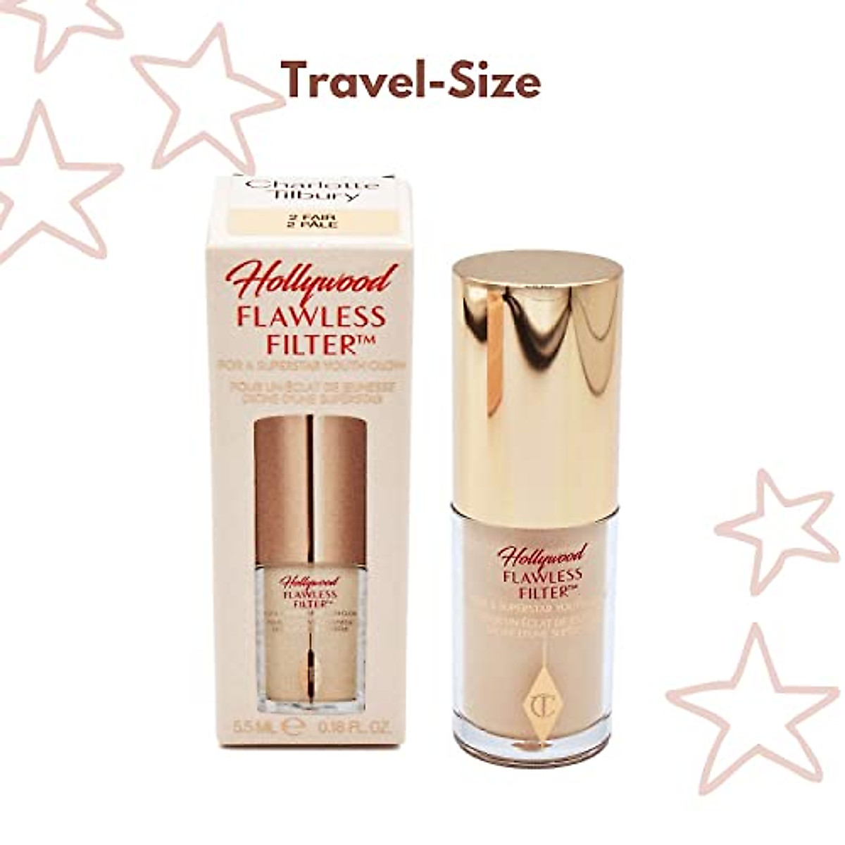 Charlotte Tilbury Mini Hollywood Flawless Filter, Travel Size, 2 Fair - Customizable Face Liquid Makeup Booster, Tinted Primer, Foundation, Highlighter, Moisturizer