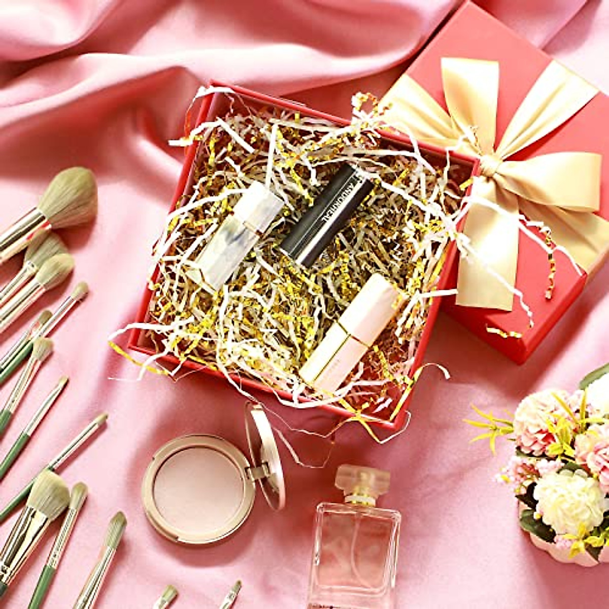 Crinkle Cut Paper Shred Filler Shredded Paper for Gift Box Crinkle Paper Metallic Shredded Crinkle Cut Paper Easter Grass Tissue Paper for Wedding Birthday Wrapping Boxes Bags (Gold White, 1 LB)