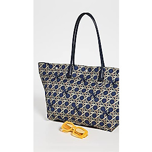 Tory Burch Women's Canvas Basketweave Tote, Tory Navy Basketweave, Blue, Print, One Size