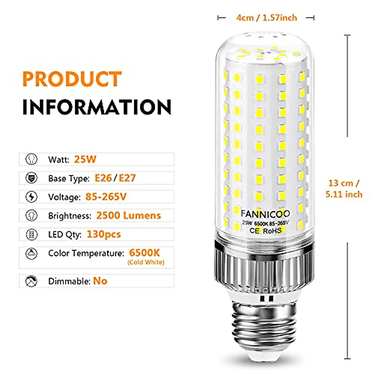 E26 LED Bulb,25W LED Corn Light Bulb 200W Equivalent 6500K Cool Daylight White 2500LM Non-dimmable Flicker Free Ceiling Fan LED Corn Bulb for Indoor Outdoor Home Garage Pack of 3