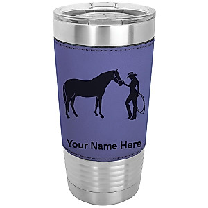 LaserGram 20oz Vacuum Insulated Tumbler Mug, Horse and Cowgirl, Personalized Engraving Included (Faux Leather, Dark Purple)