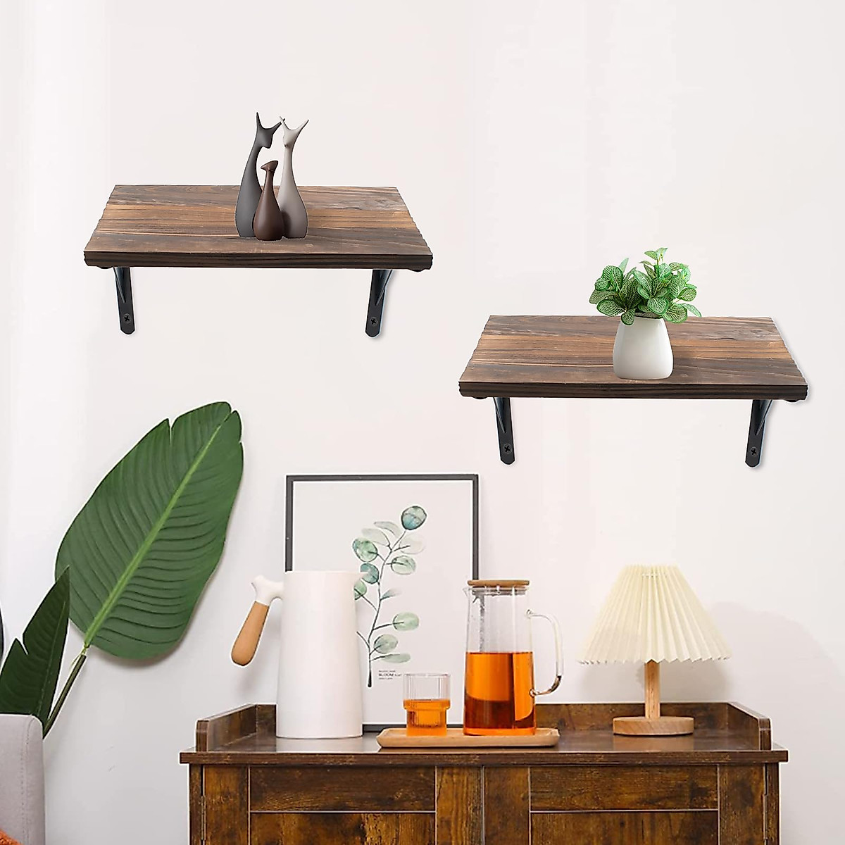 3 Sets Wood Floating Shelves for Wall Decor, Rustic Wood Shelves for Wall Storage, Wall Mounted 11.4 Inch Wooden Display Shelf Carbonized Wall Shelves for Bathroom Bedroom Kitchen Living Room Garage