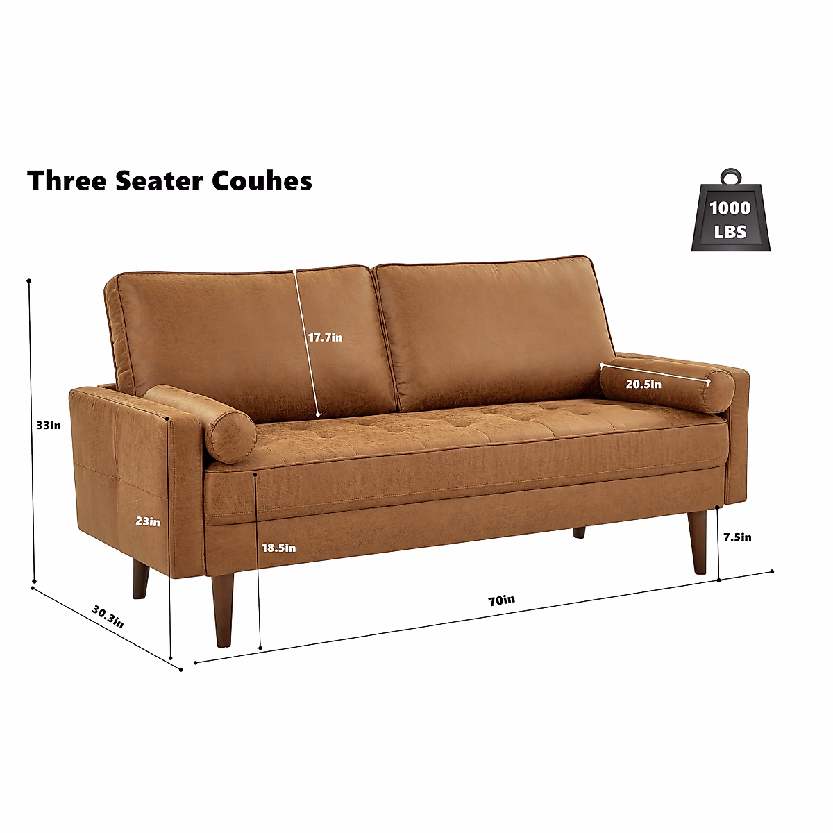 HIFIT Sofa Couch Set for Living Room, Mid Century Modern Faux Leather Sofa with Deep Love Seat & Fluffy Cushion, Living Room Furniture Sets, Small Sectional Couch for Bedroom/Office/Small Space, Brown