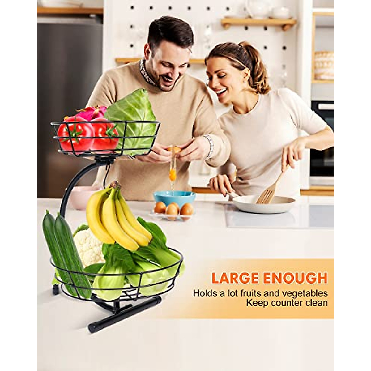 covsus 2 Tier Countertop Fruit Basket Bowl with Banana Hanger for Kitchen Counter, Wire Fruit Stand Holder for Fruits Vegetable Storage, Black