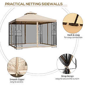 Outsunny 10' x 10' Patio Gazebo with Corner Shelves, Outdoor Gazebo Canopy Shelter with Netting, and Vented Roof, for Garden, Lawn, Backyard and Deck