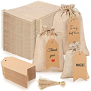24 Pcs Burlap Gift Bags with Drawstring, Small Burlap Bags Bulk 3 Assorted Size Gift Bags Reusable Burlap Sacks Jewelry Pouches with Gift Tags and String for Thank You Gift Holiday DIY Craft Bags