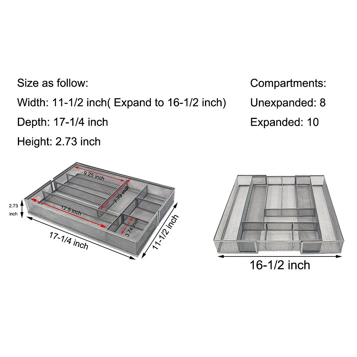 TQVAI Expandable Kitchen Drawer Organizer, 8+2 Compartments Mesh Silverware Utensils Holder, Adjustable Cutlery Flatware Tray, Silver