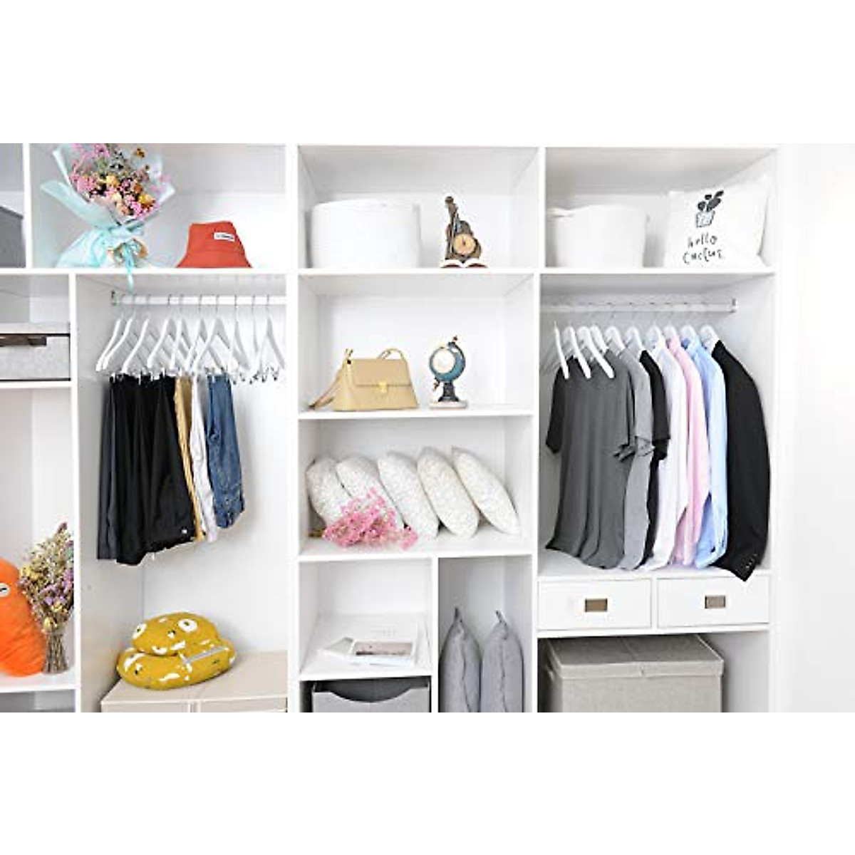 Quality Wooden Skirt Hangers with Clips, 10-Pack Smooth Solid Wood Pants Hangers with Durable Adjustable Metal Clips, Swivel Hook, Coat, Jacket, Blouse Suit Hangers (White, 10)