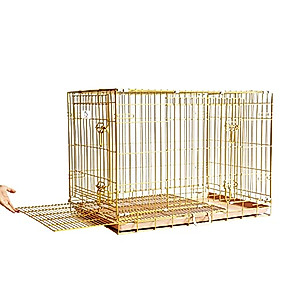 HOMEY PET Gold Dog Crate 36 Inch, Portable Folding Metal Wire Dog Kennel Pet Dog Cage with Removable Floor Grid, Pull Out Leak-Proof Pan, Double Doors, Handle for Medium Dogs, Indoor Outdoor Travel