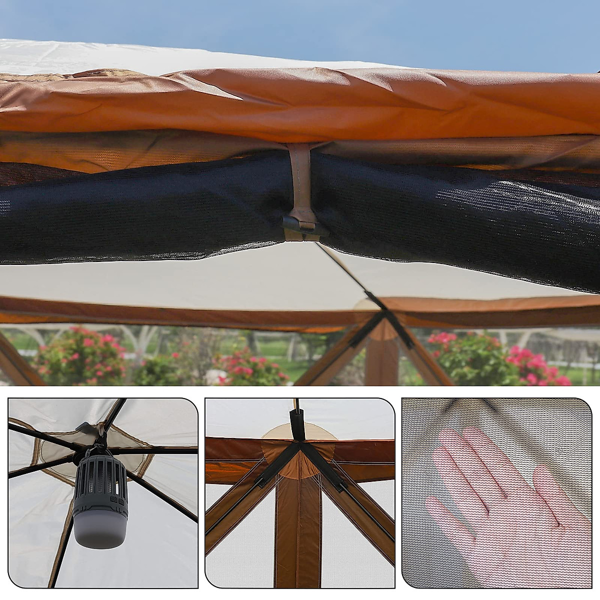 XGEAR 6 Sided Pop Up Camping Gazebo 11.5’x11.5’ Instant Canopy Tent Sun Shelter Screen House with Mosquito Netting, for Patio, Backyard, Outdoor,Brown